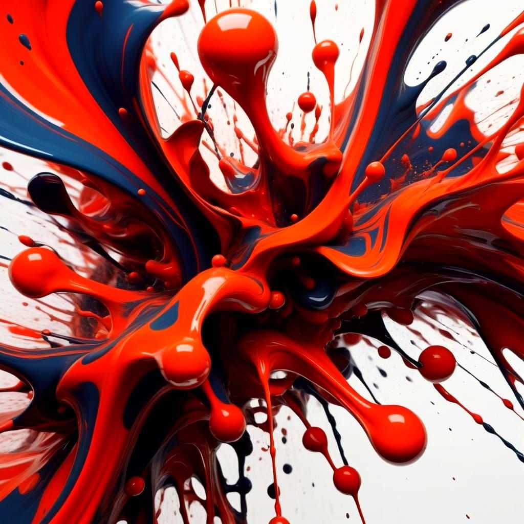 3D Abstract Expressionism. Close-up. A vibrant red ink splatter on a ...