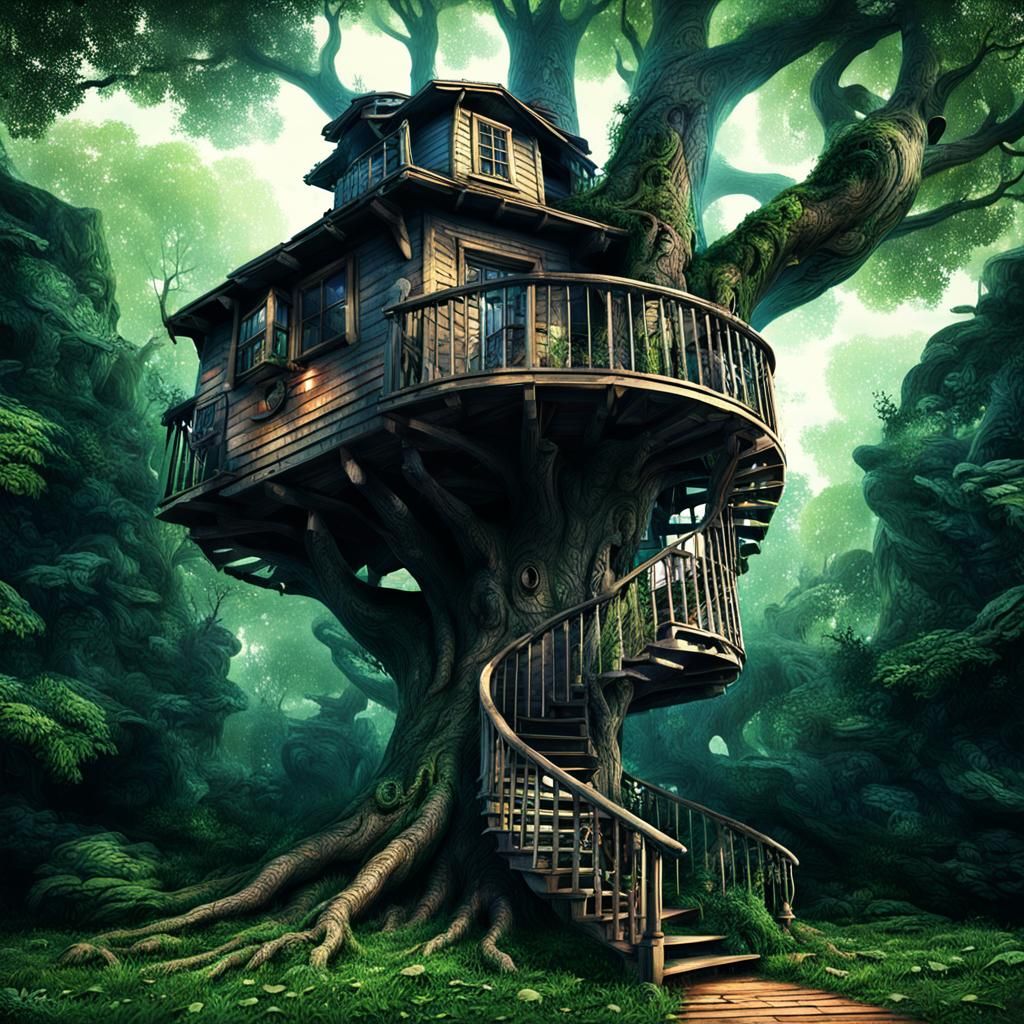 Spiral stair around tree to leafy treehouse | Epic cinematic brilliant ...