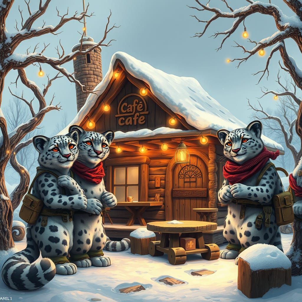 Furry Snow Leopards Build Whimsical Cafe in Serene... - AI Art