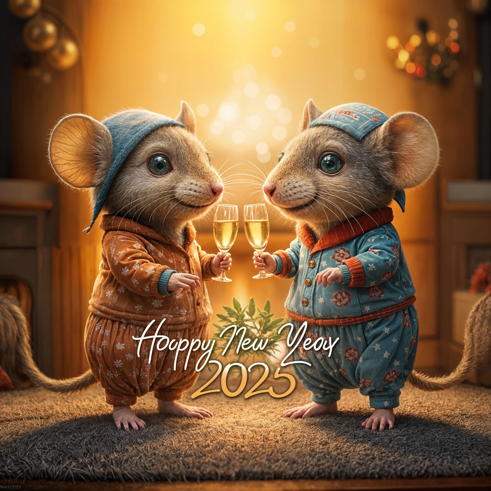 Mice celebrating a cosy New Year 2025