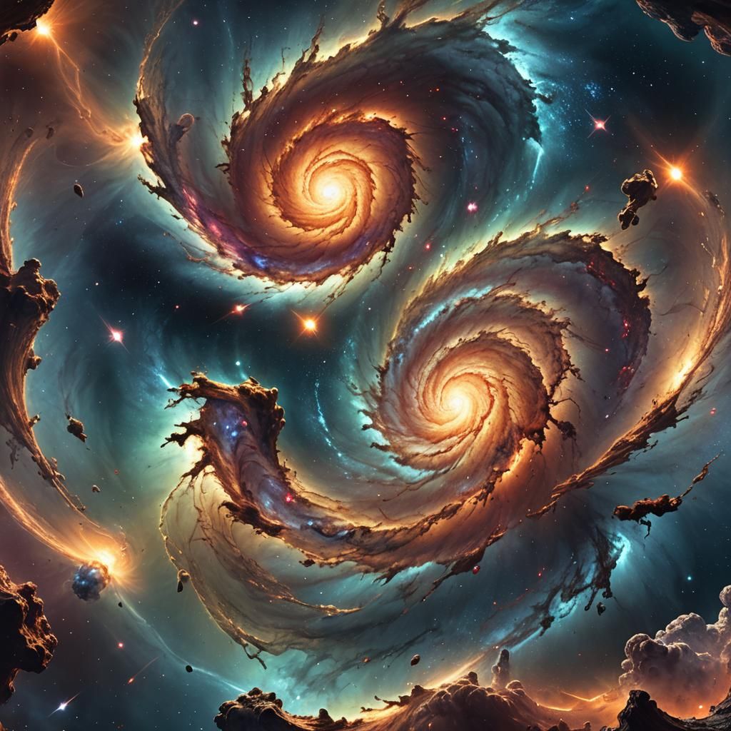 Two spiral galaxies colliding, back-lit dust clouds mixing - AI Generated Artwork - NightCafe ...