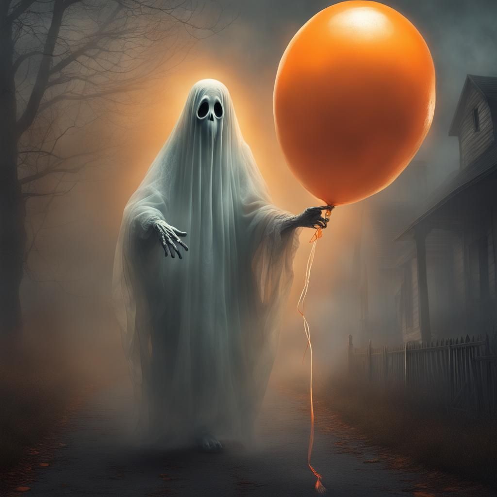 Very old and ugly female ghost holding a large orange luminous balloon ...