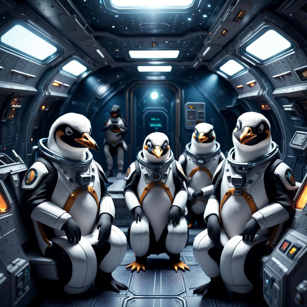 artric penguins crew in spaceship, space solarpunk sci-fi spacecore ...