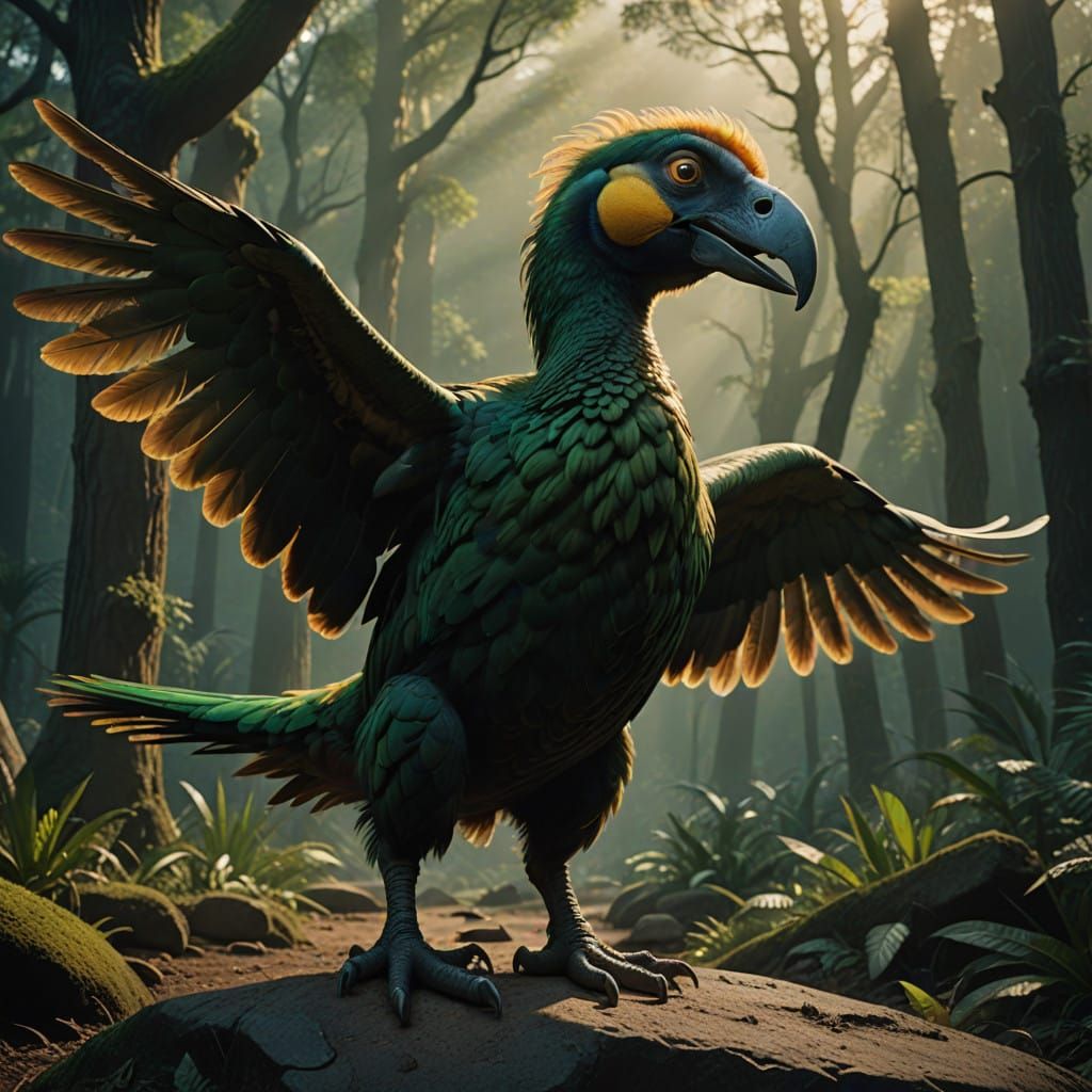 A Majestic Green Duolingo Dodo Falls into a Cavern... - AI Art