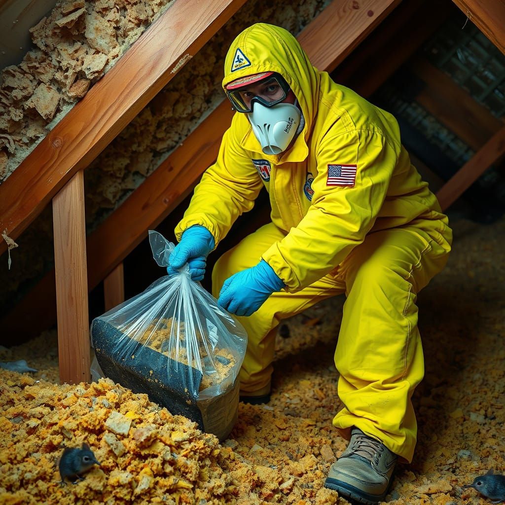 Portrait of a man wearing a full safety hazard suit, boots, gloves and full mask as he shovels ...