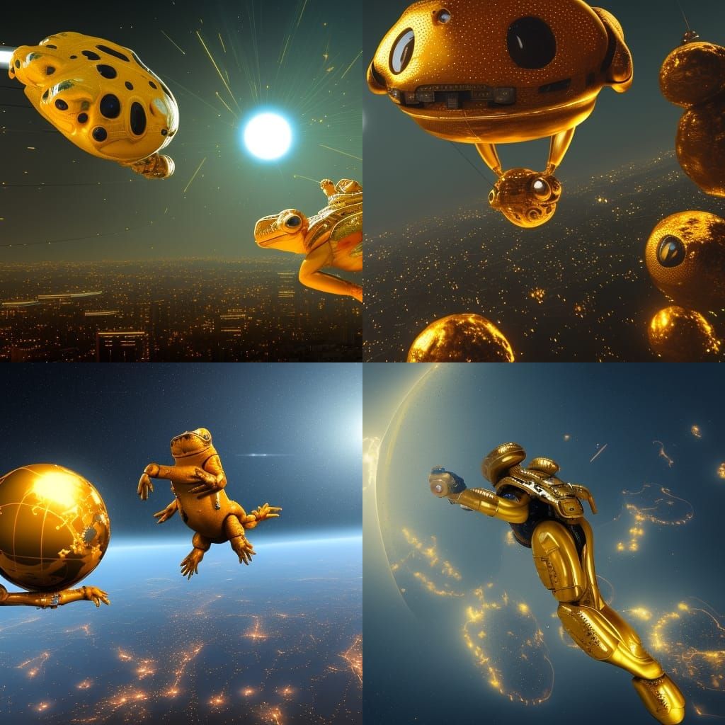 golden toad with city on its back flying in space - AI Generated ...