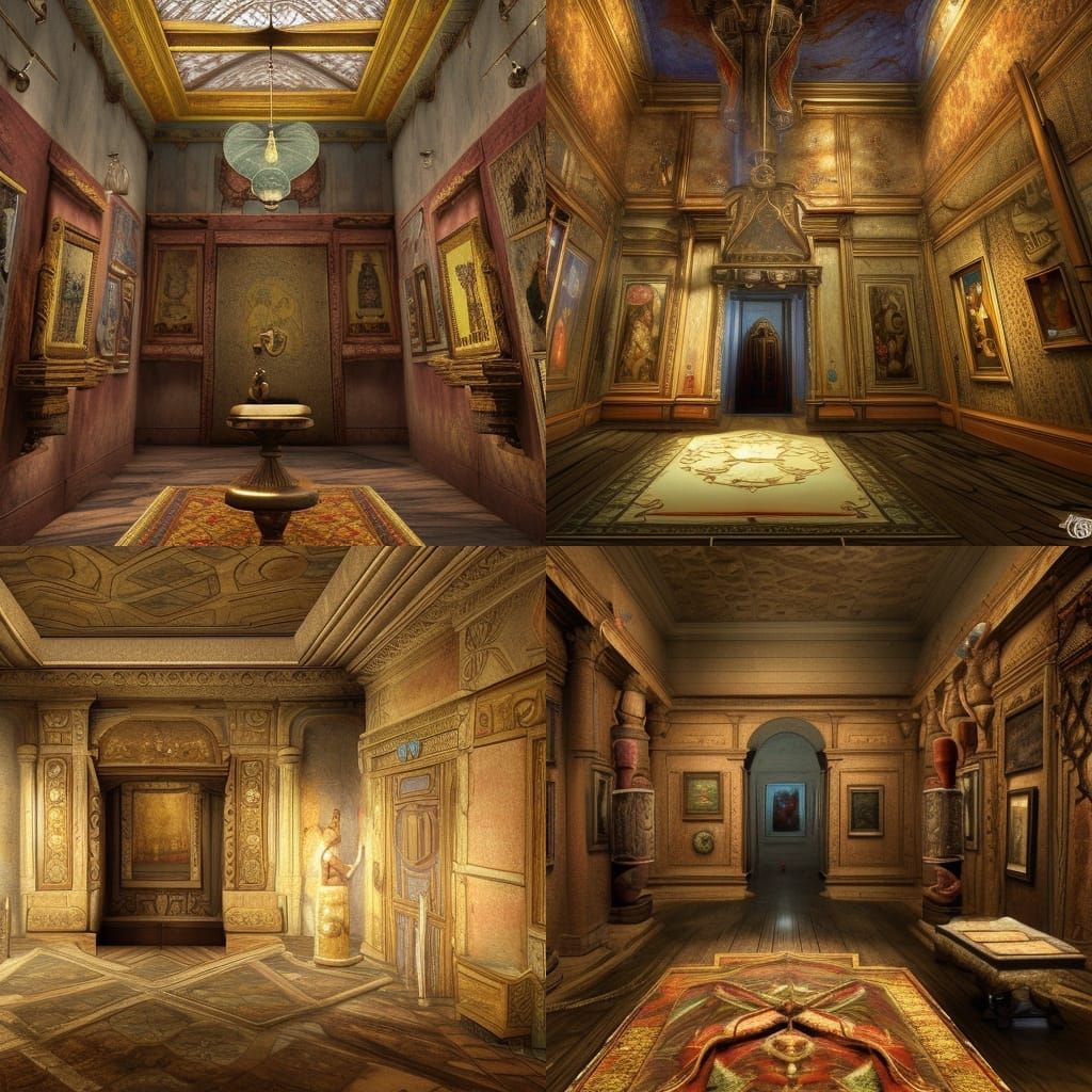 An old museum interior that has been abandoned. Fantasy relics are on ...