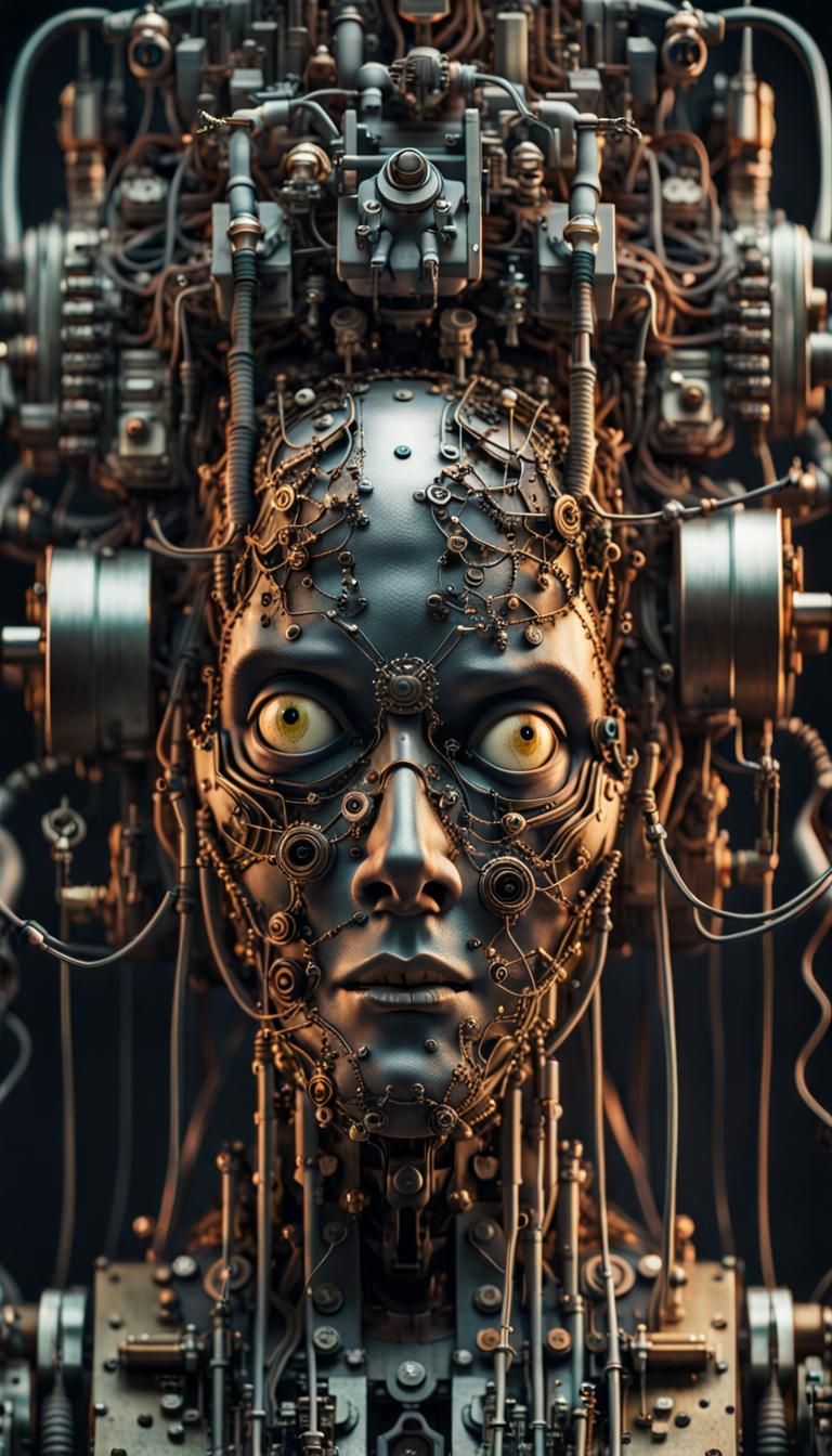 an artificial face with various metal pieces around it, in the style of ...