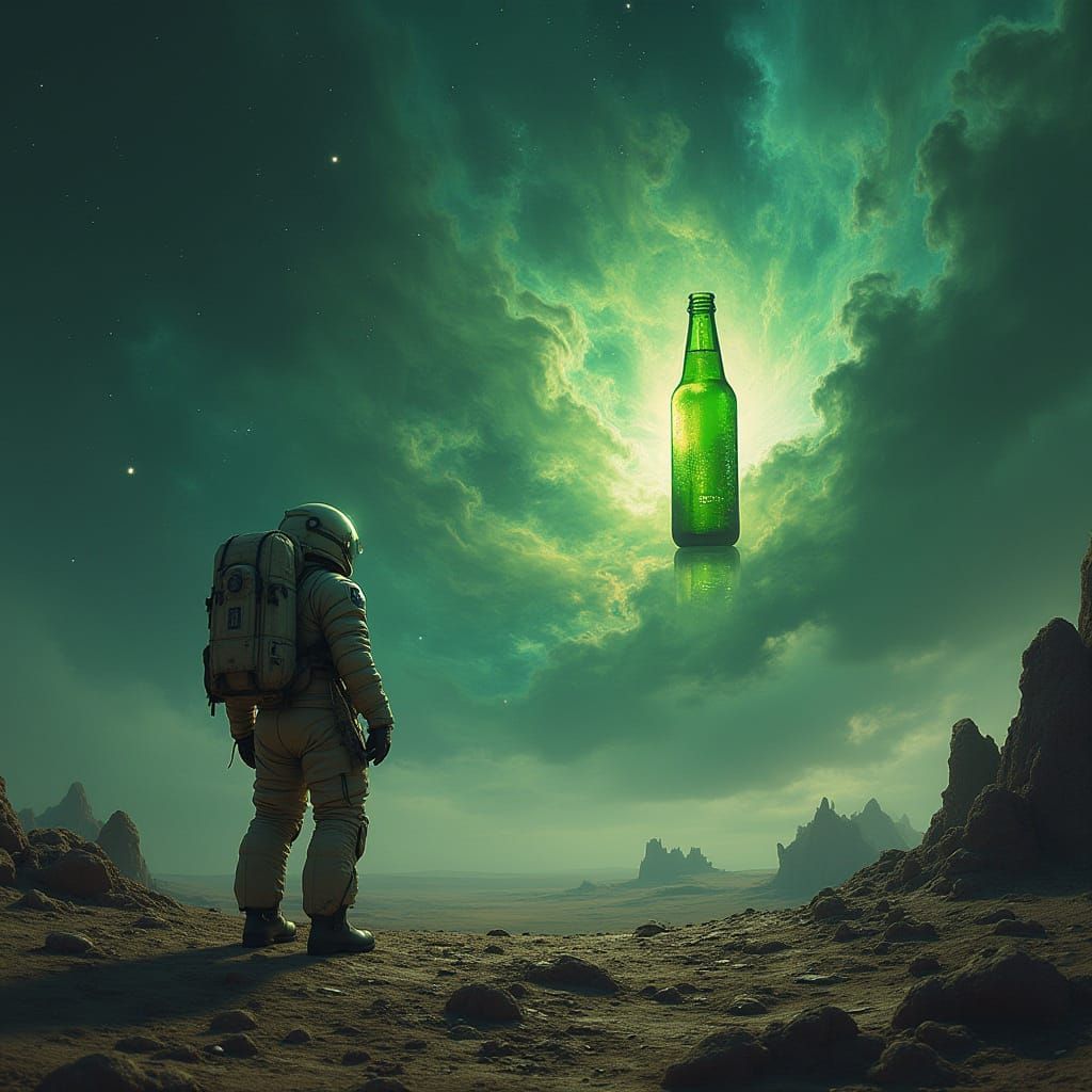 beyond space - Astronaut Amidst Alien Nebula, Green Beer Bot...