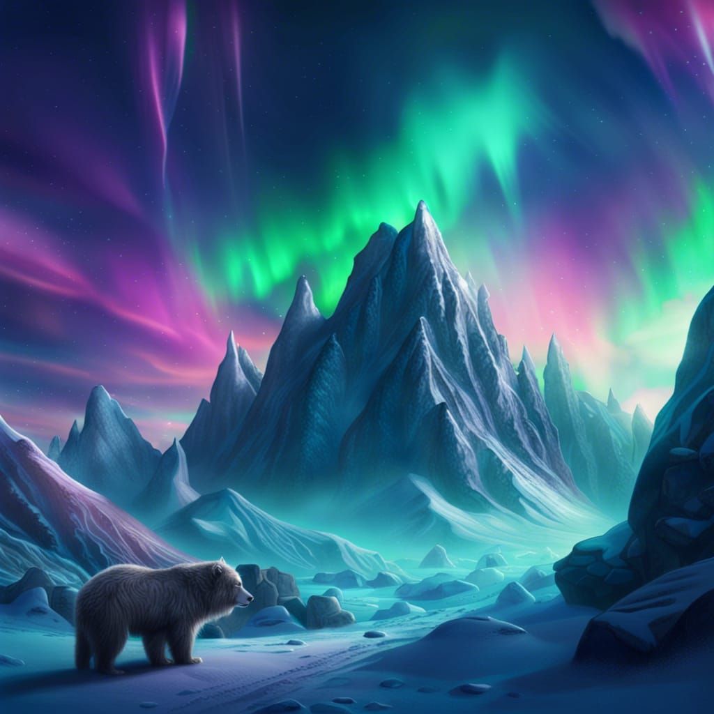 Arctic mountains with aurora borealis. Furry creatures climbing the ...