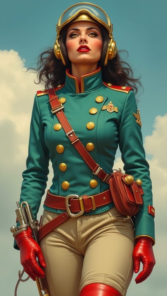 Elegant Rocketeer Pin-Up in Teal and Gold - AI Art