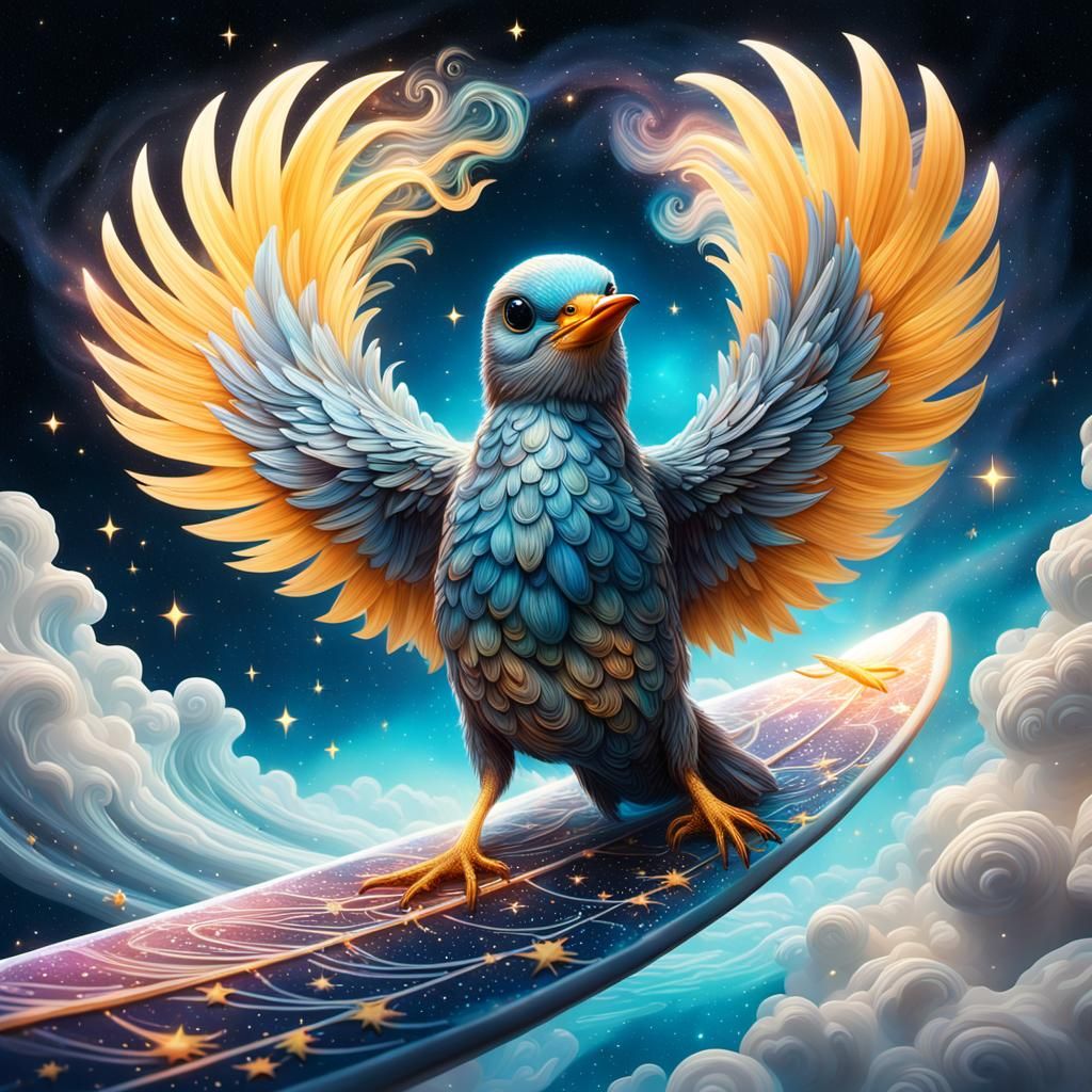 Worm's eye view of a kawaii bird surfer made from intricate fluttering ...