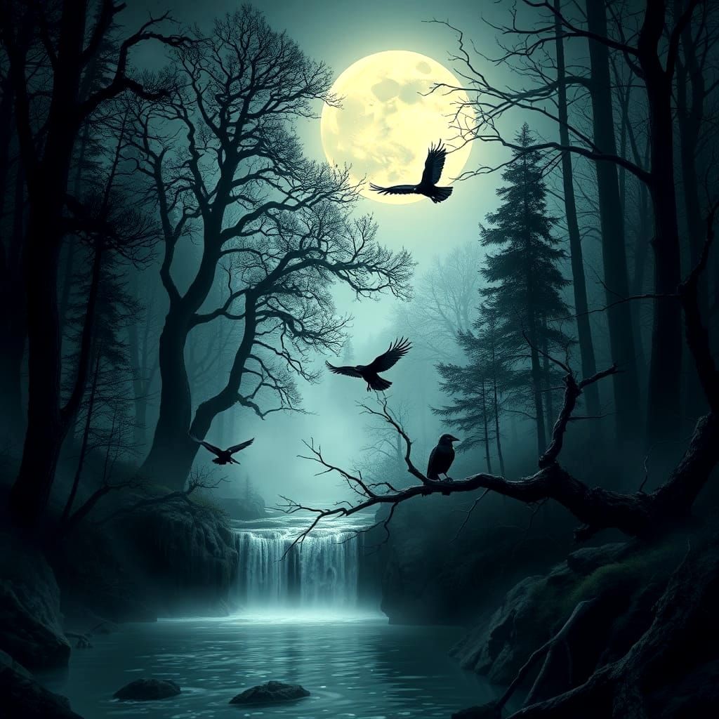 dark moon - Mystical Night Forest Under Moonlight