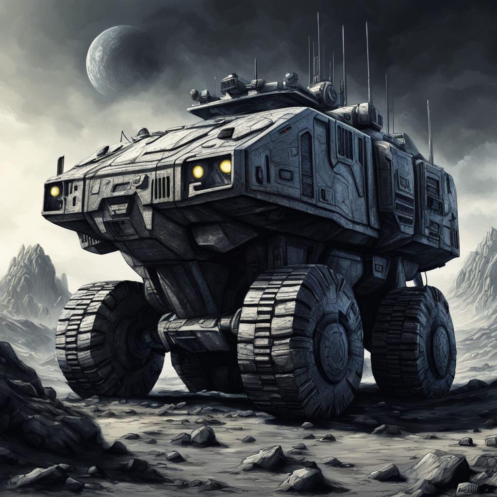 Sci-Fi Mining Vehicle on Alien Planet in Pencil Dr... - AI Art