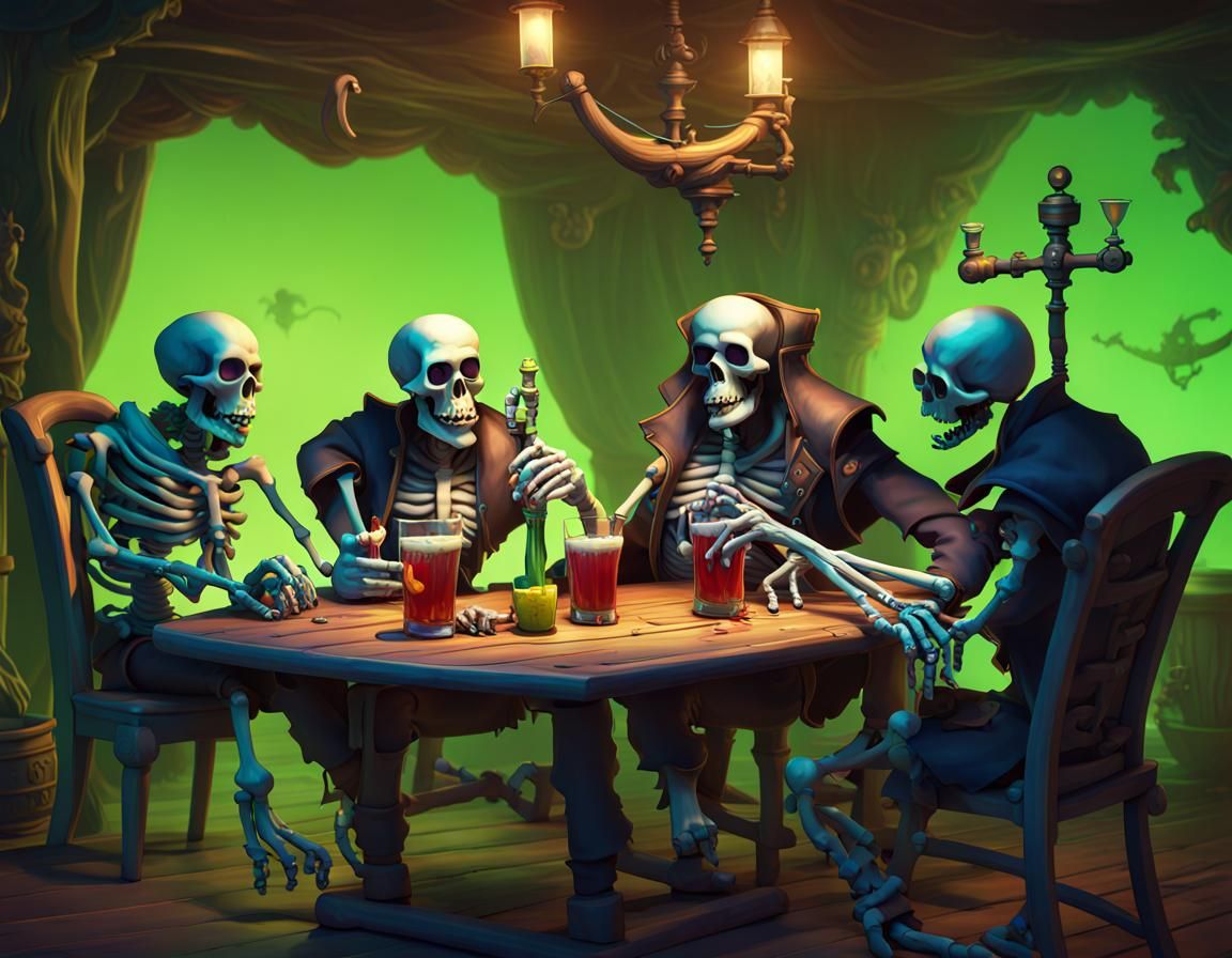 Monkey Island. Skeleton pirate crew sitting at the Voodoo Tavern ...