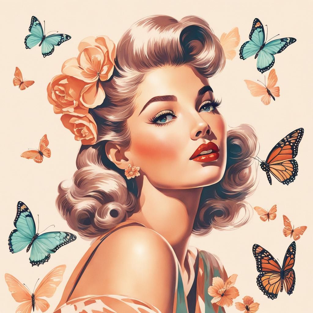 50s pin up girl with butterflies - peach - AI Generated Artwork ...