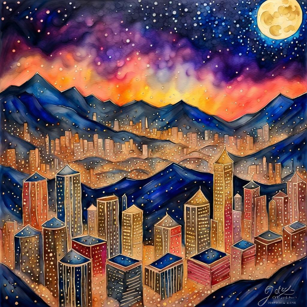 A birds eye view Watercolor painting, visualizing a stunning cityscape ...