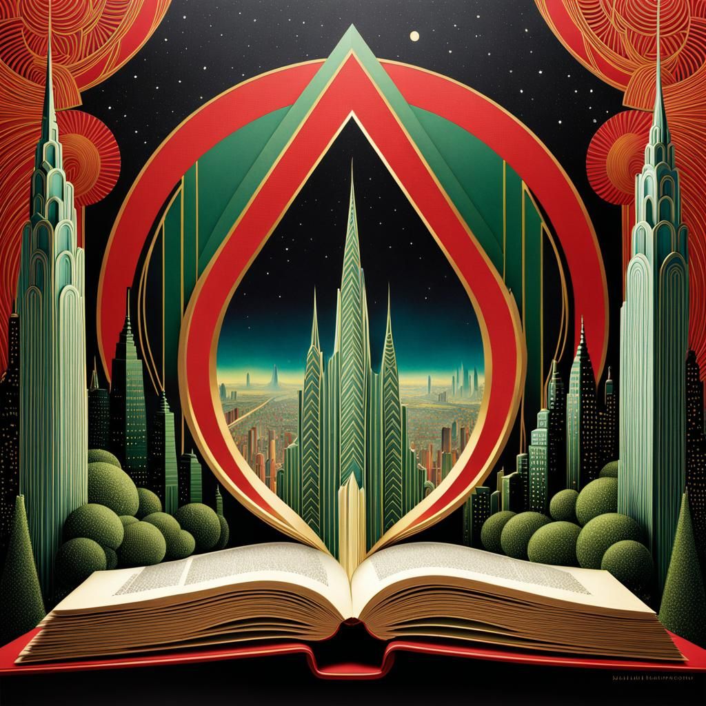 René Vincent, Erté, Lee Lawrie, Art DECO patterned CITYSCAPE coming out ...