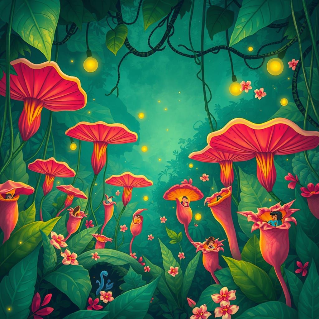 Fantastical Congo Rainforest with Oversized Flower... - AI Art
