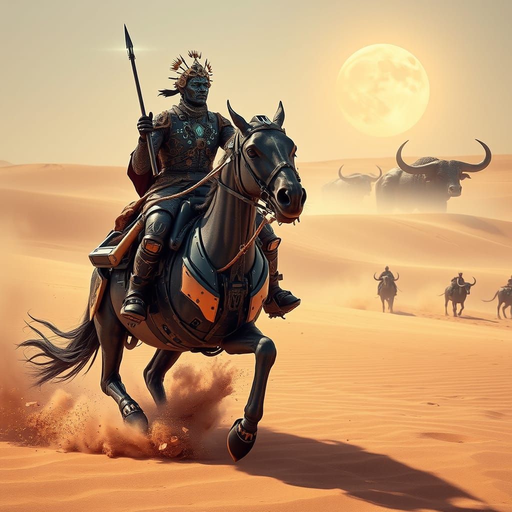 imagine A post-apocalyptic desert world where Herero warriors ride AI ...