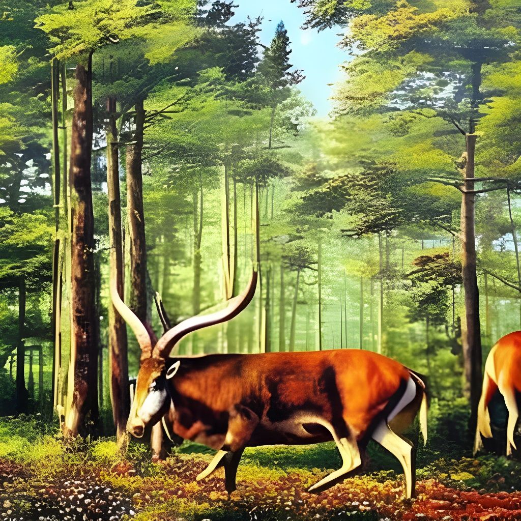 Animal in forest, full of body, horns on head, oil paint, realistic ...