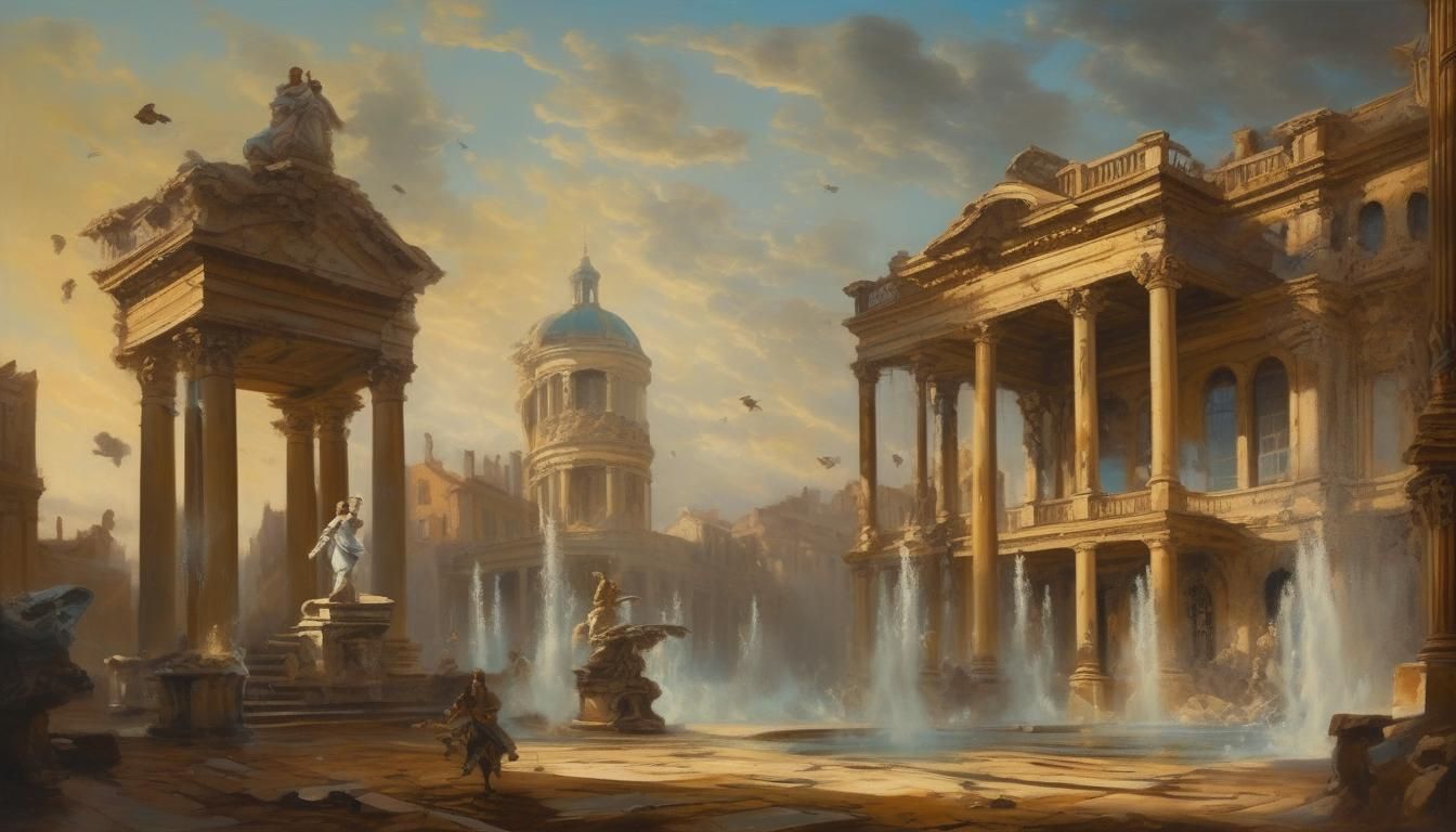 Ethereal Baroque Scene with Ruined Columns and Fou... - AI Art
