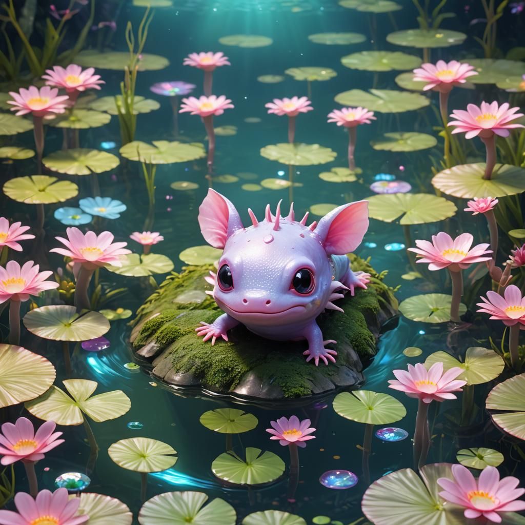 Chibi axolotl, in a fairy pond - AI Generated Artwork - NightCafe Creator