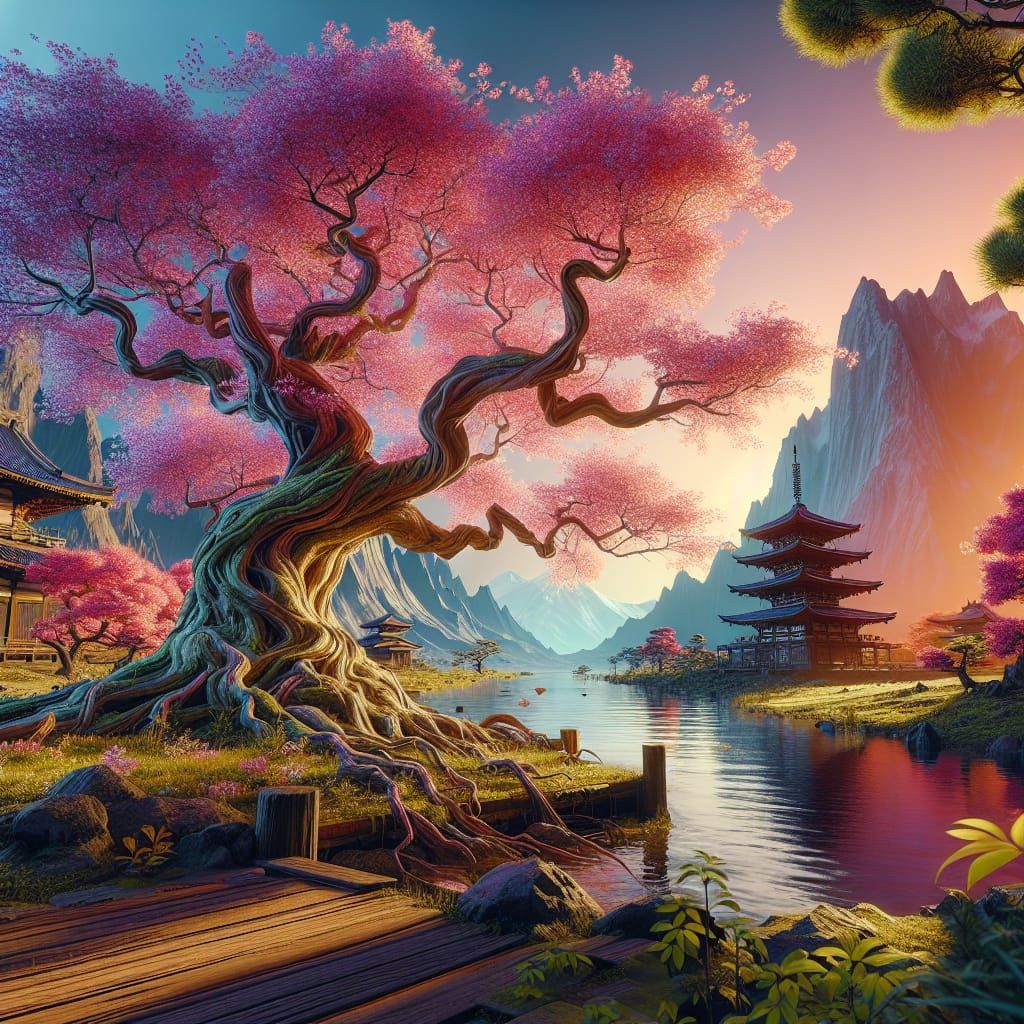 Japanese Sakura Tree in Serene Landscape with Moun... - AI Art
