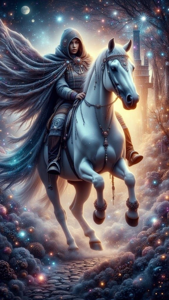 a mysterious, cloaked rider on a majestic, glowing white horse ...