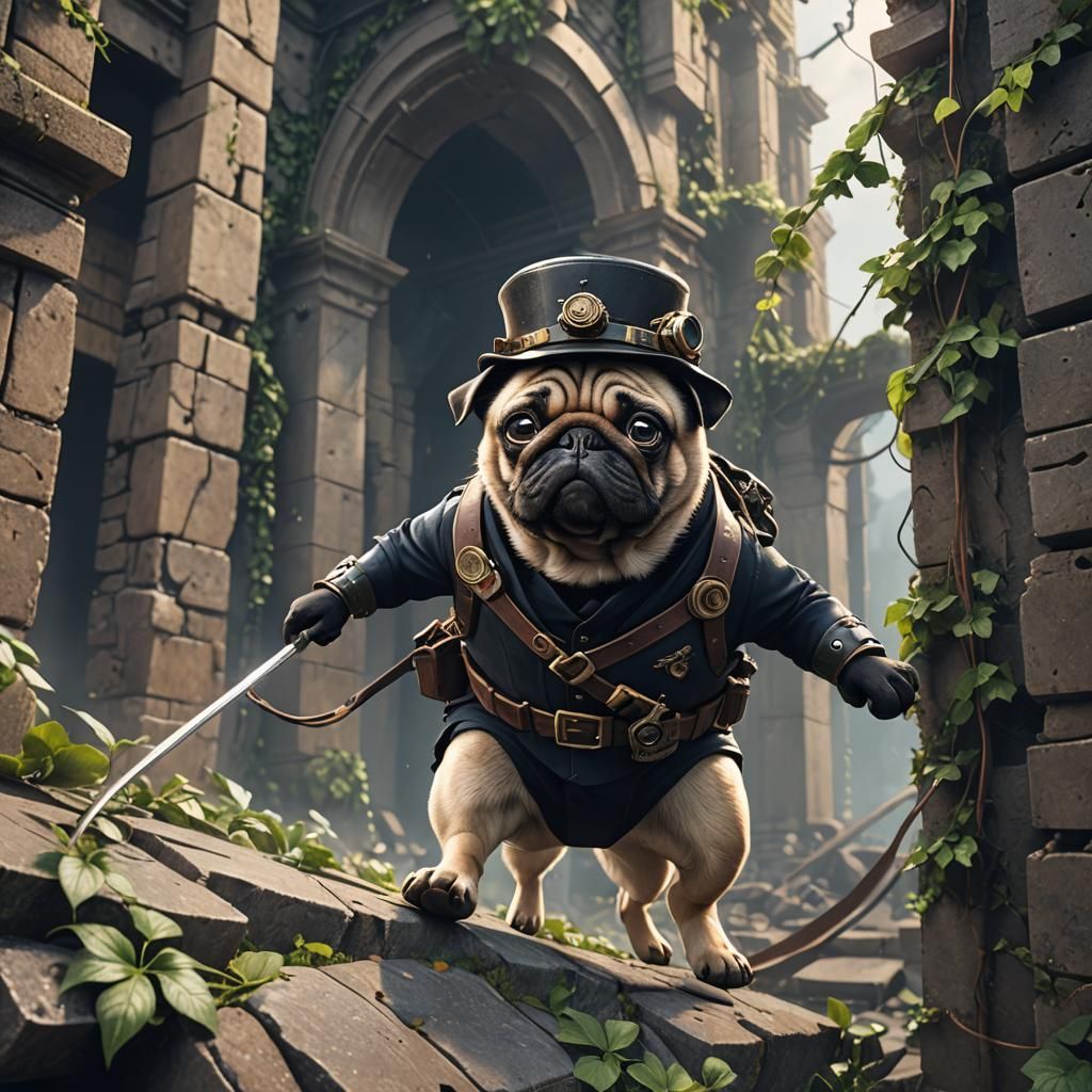 Pugsly the steampunk ninja pug saves the day again - AI Generated ...