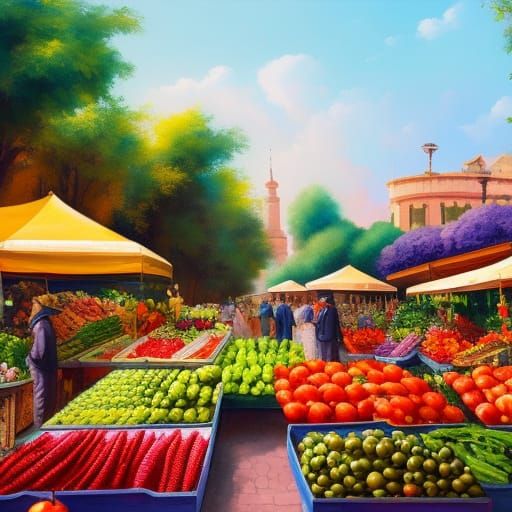 Farmer market , vibrant colors, fresh produce(enchanting),cheerful ...