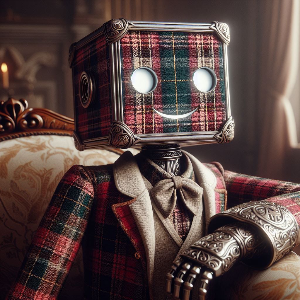 Smiling cube-head Robot made of Tartan-Pattern, Sat in a Chair inside a ...