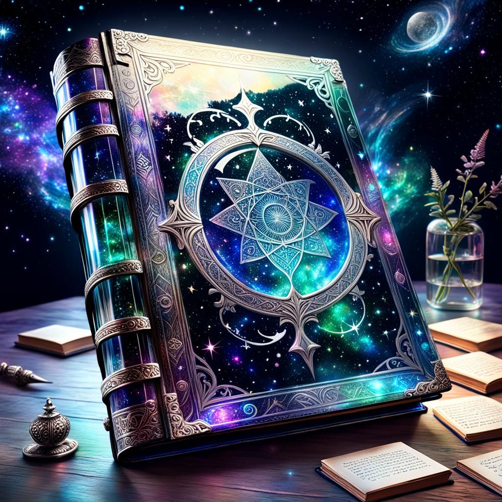Glass covered magic book with silver clasp and spine - AI Generated ...