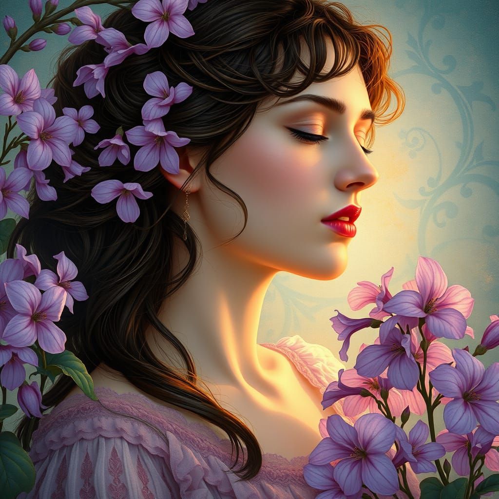 The Silence of Violets - Contemplative Woman Surrounded by V...