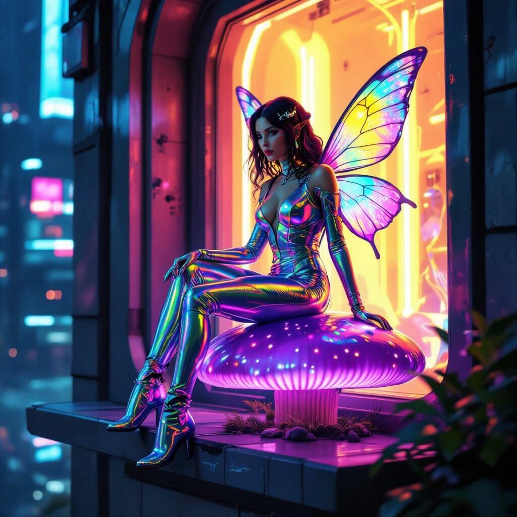 Rainbow Cyberpunk Fairy on Mushroom in Dystopian C... - AI Art