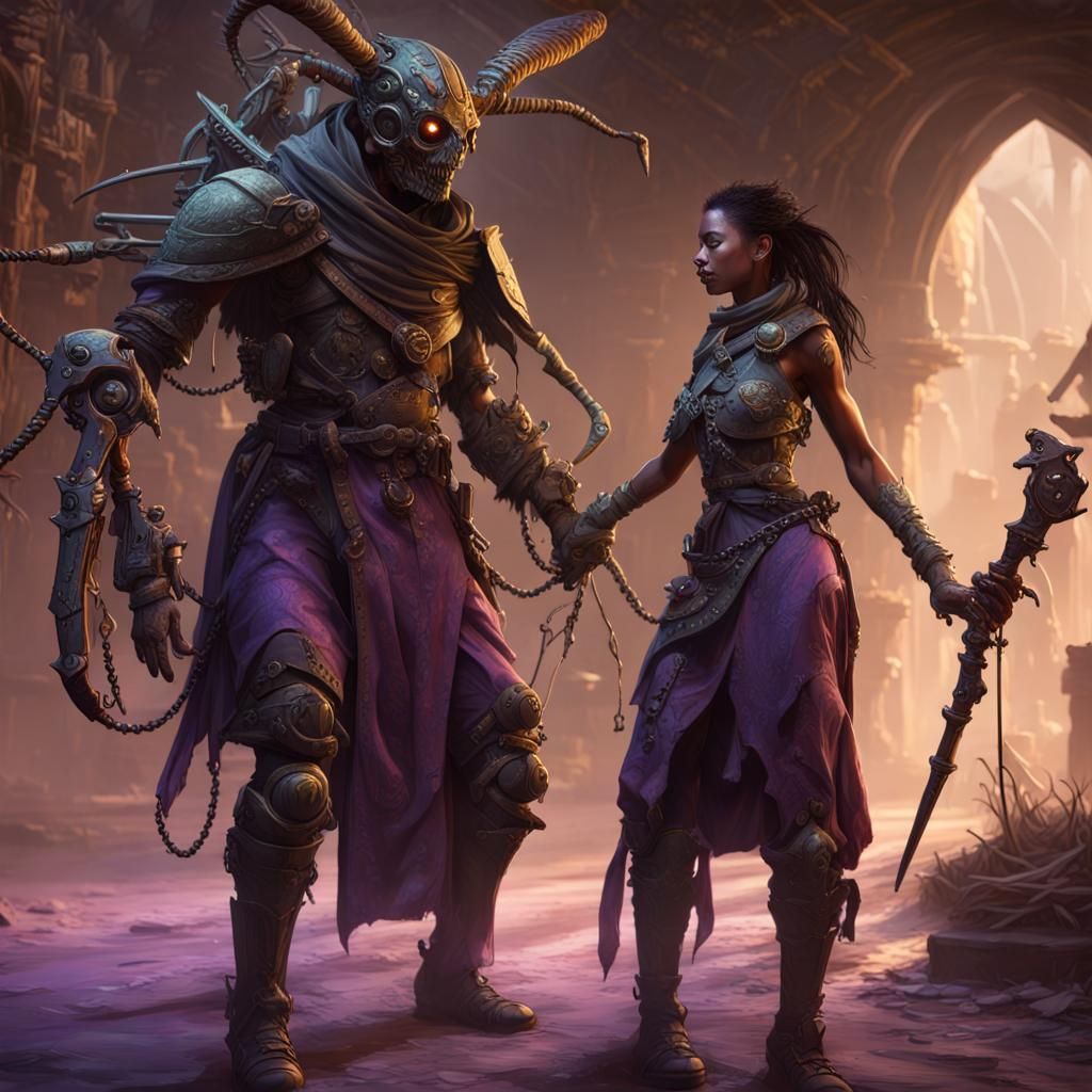 insectile mantis thri-kreen fantasy warrior leading a human prisoner in ...