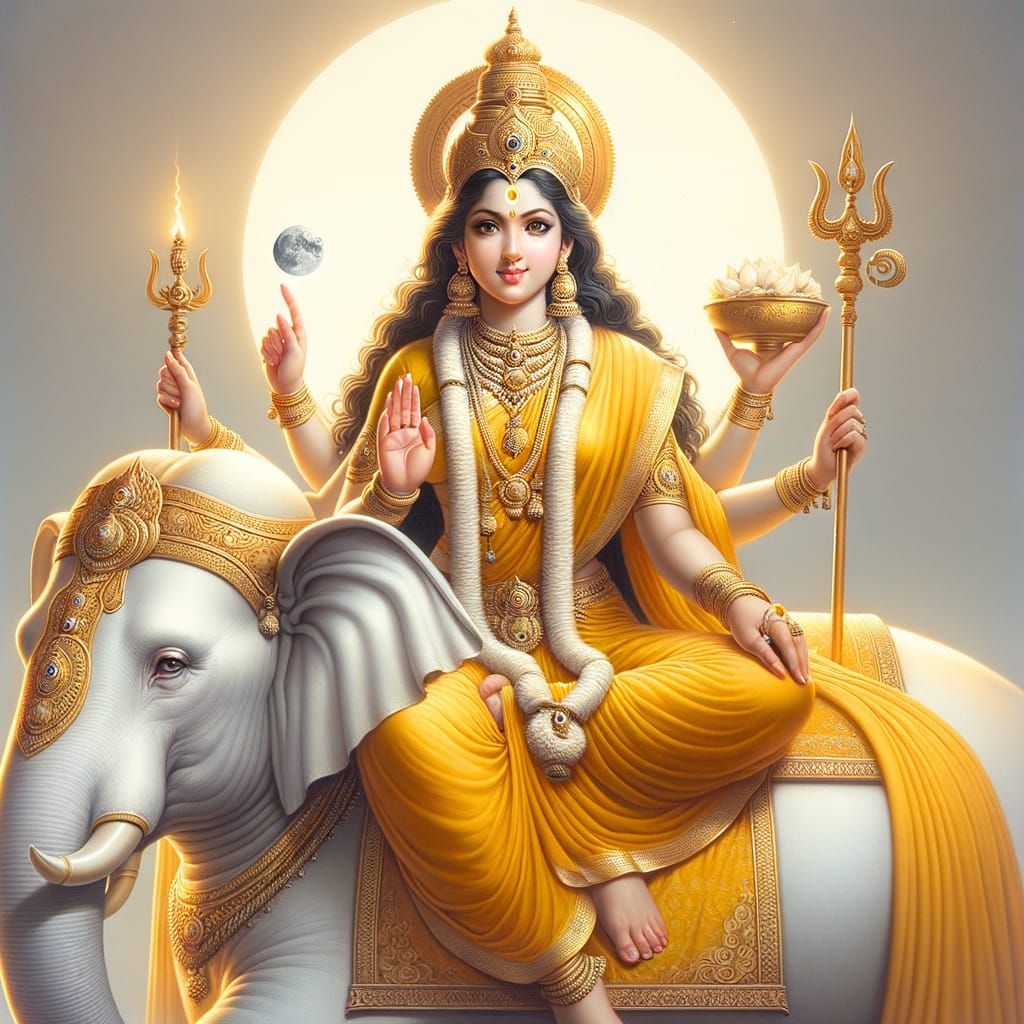 Ultra Realistic Hindu Goddess Indrani Devi in Yell... - AI Art