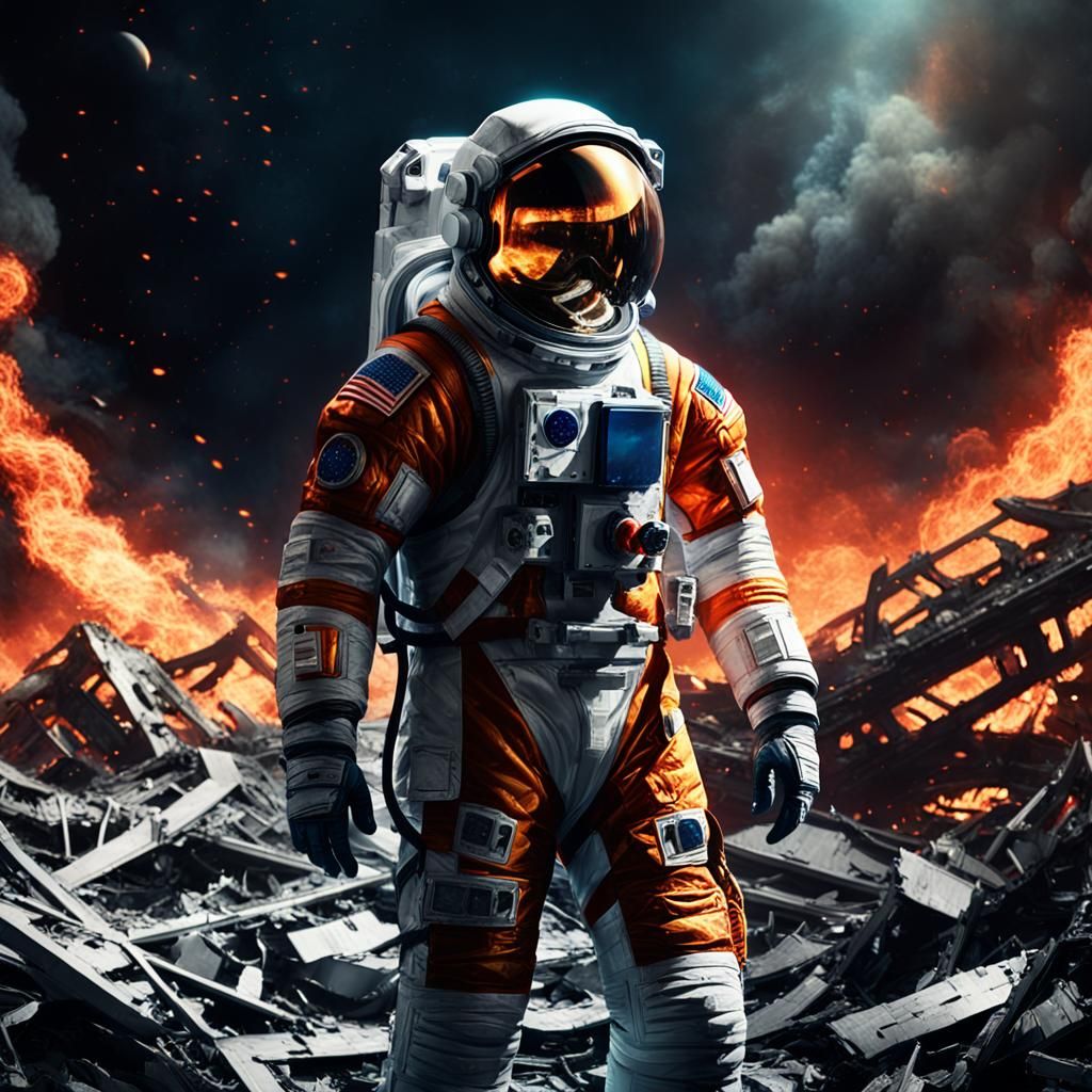 Space tragedy. Digital art. - Astronaut Amidst Cosmic Ruin i...