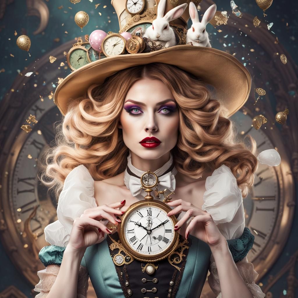 detailed beautiful hair cut Whimsical mad hatter with dramatic malkeup ...