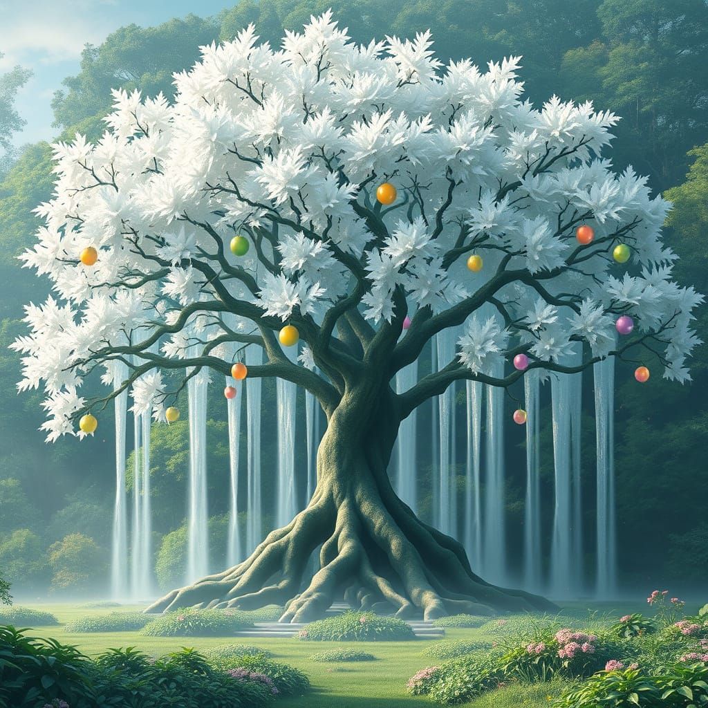 Surreal White Maple Tree in Vibrant Green Garden w... - AI Art