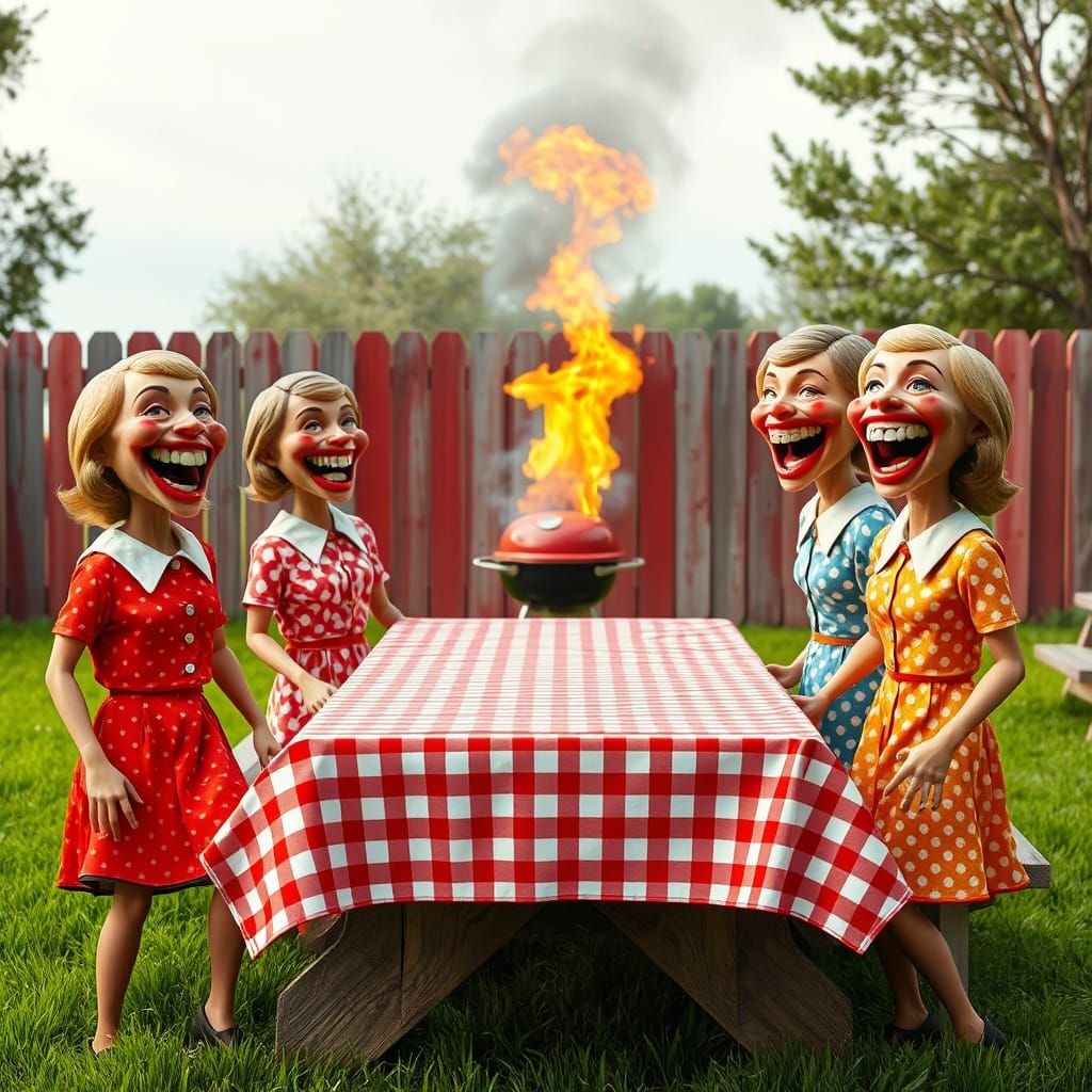 Surreal Backyard BBQ Scene in Vintage 1960s Style - AI Art