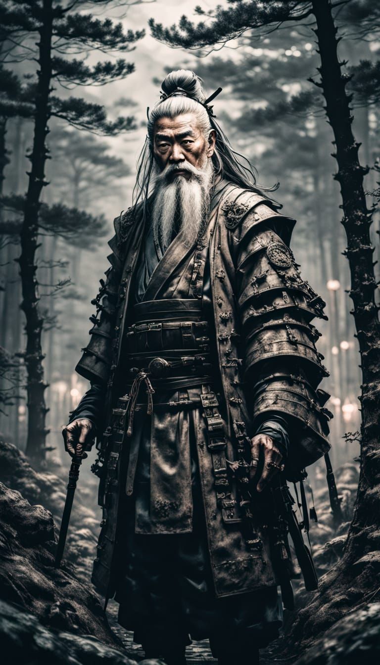 Wise old japanese samurai with a long white beard