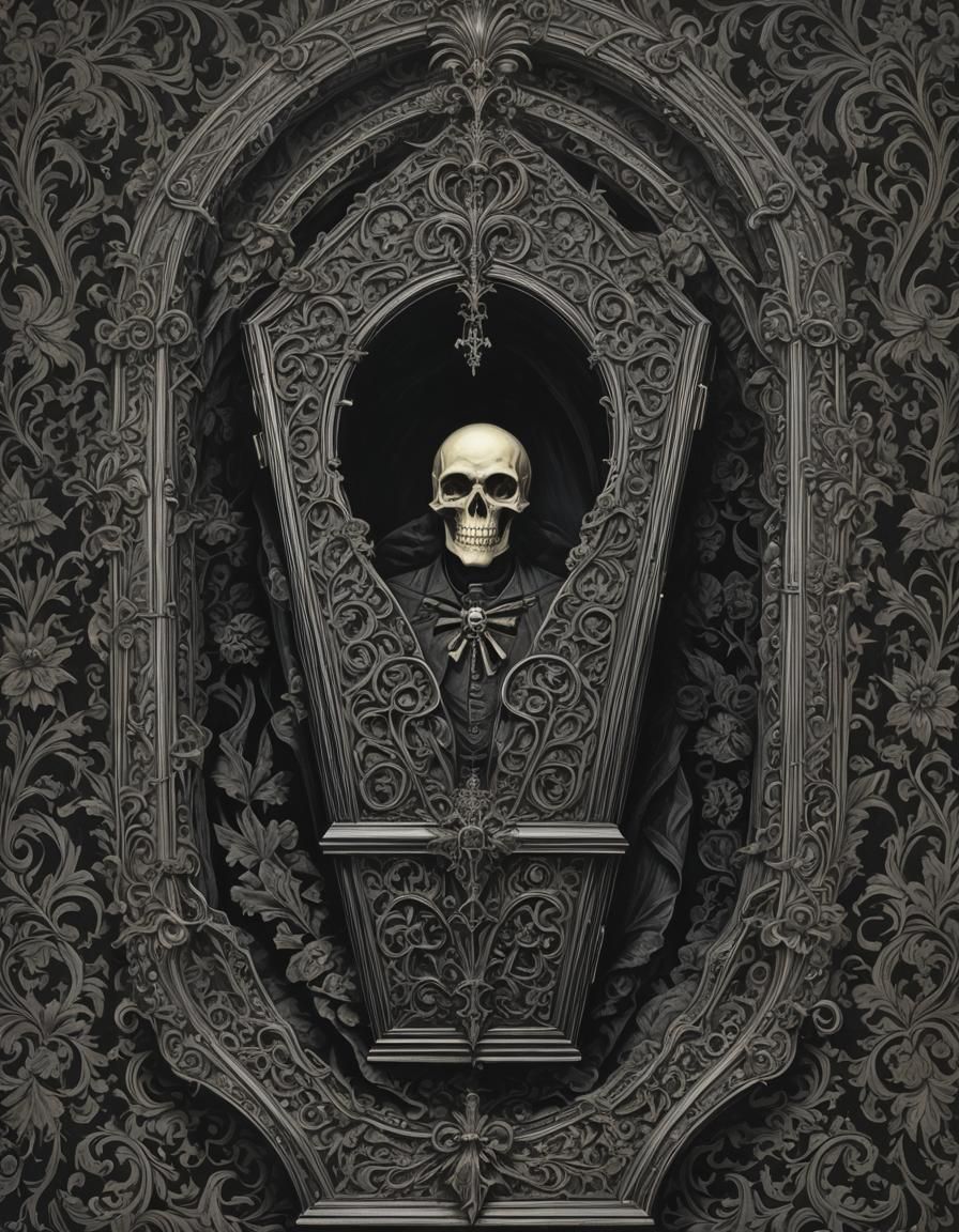 gothic all-black damask coffin open casket victorian dead funeral art ...