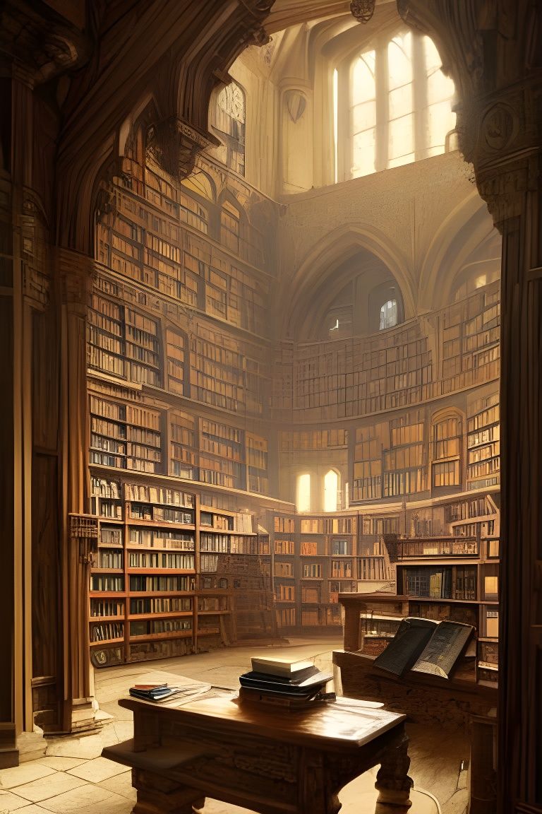 peaceful medieval library with crackling fireplace, a masterpiece ...