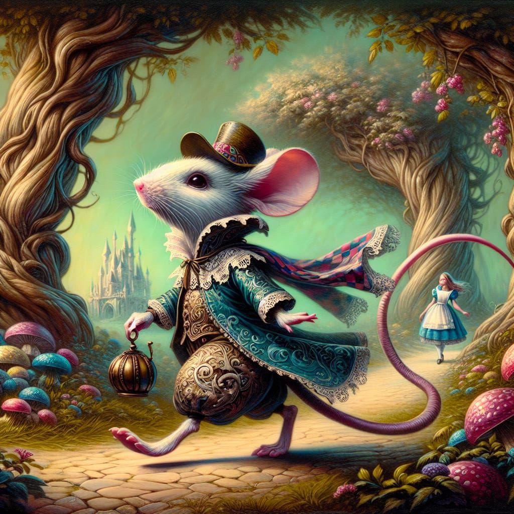 A fantasy dressed mouse walking the path of alice in wonderland, clean ...