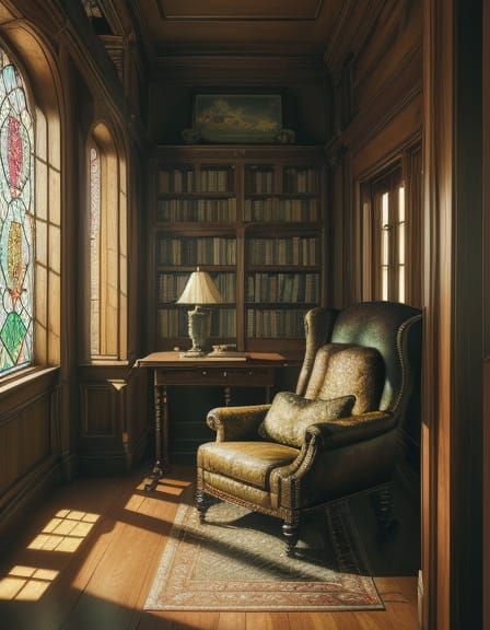 working room - Warm Library Sanctuary in Impressionist Style