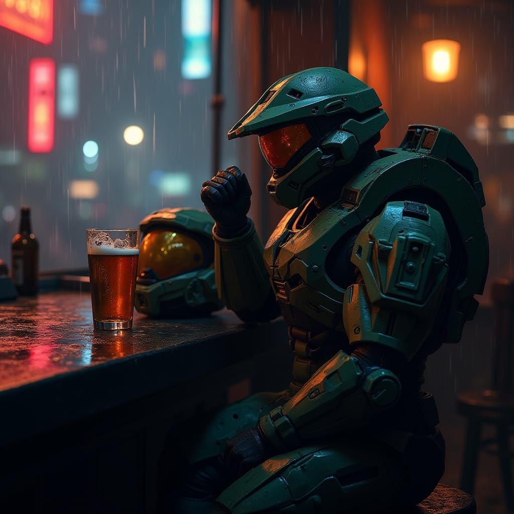 Master Chief Contemplates Life in a Rainy Cityscap... - AI Art