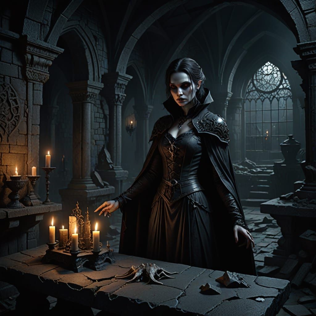 Vampire in a Ruined Dungeon Chamber with Crumbling... - AI Art