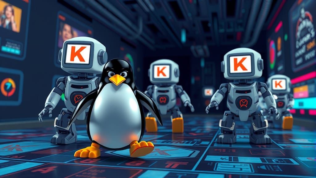 Cyberpunk Robots Chase Penguin on Futuristic Board... - AI Art