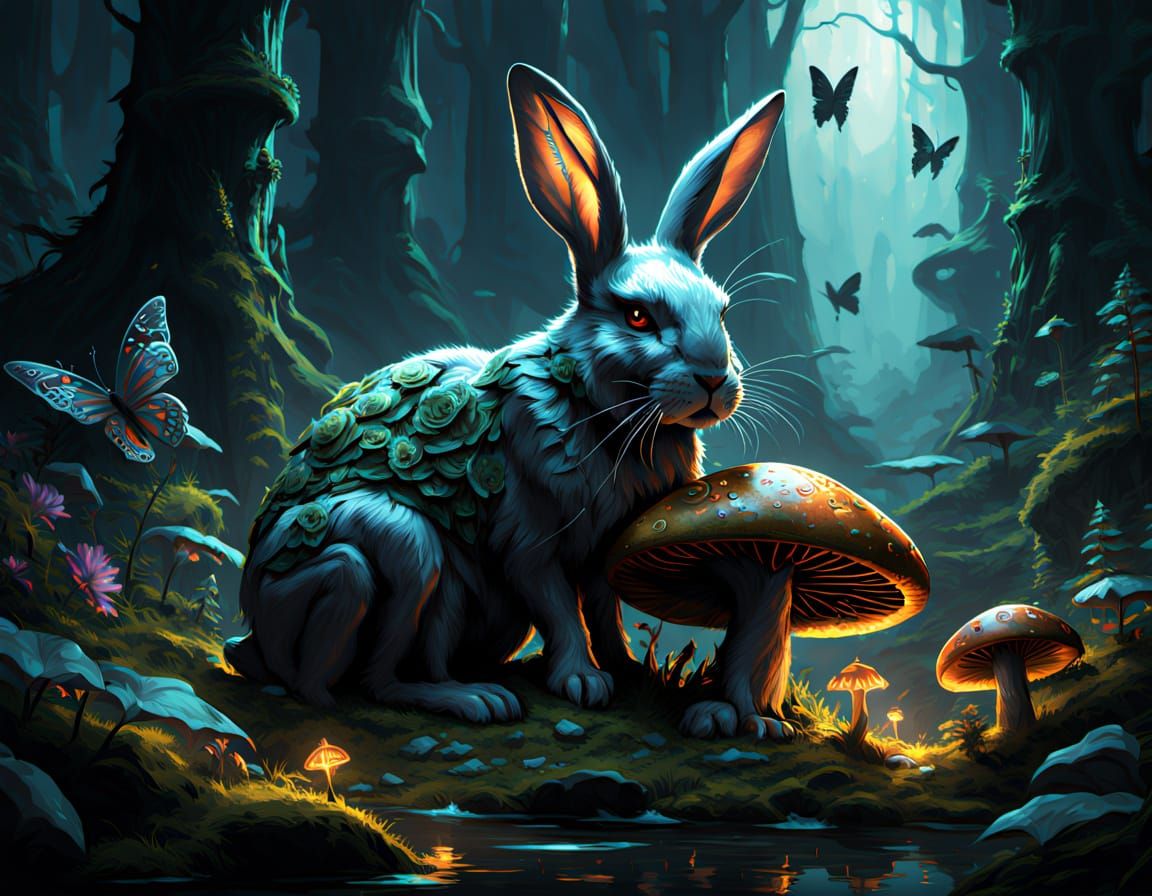 Picture a bioluminescent bunny with butterfly wings, perched on a giant ...